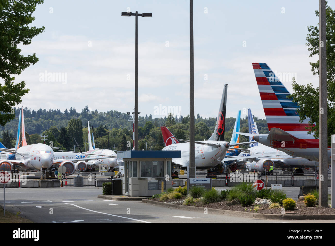 Undelivered 737 MAX airplanes surround the front gate at the Boeing ...