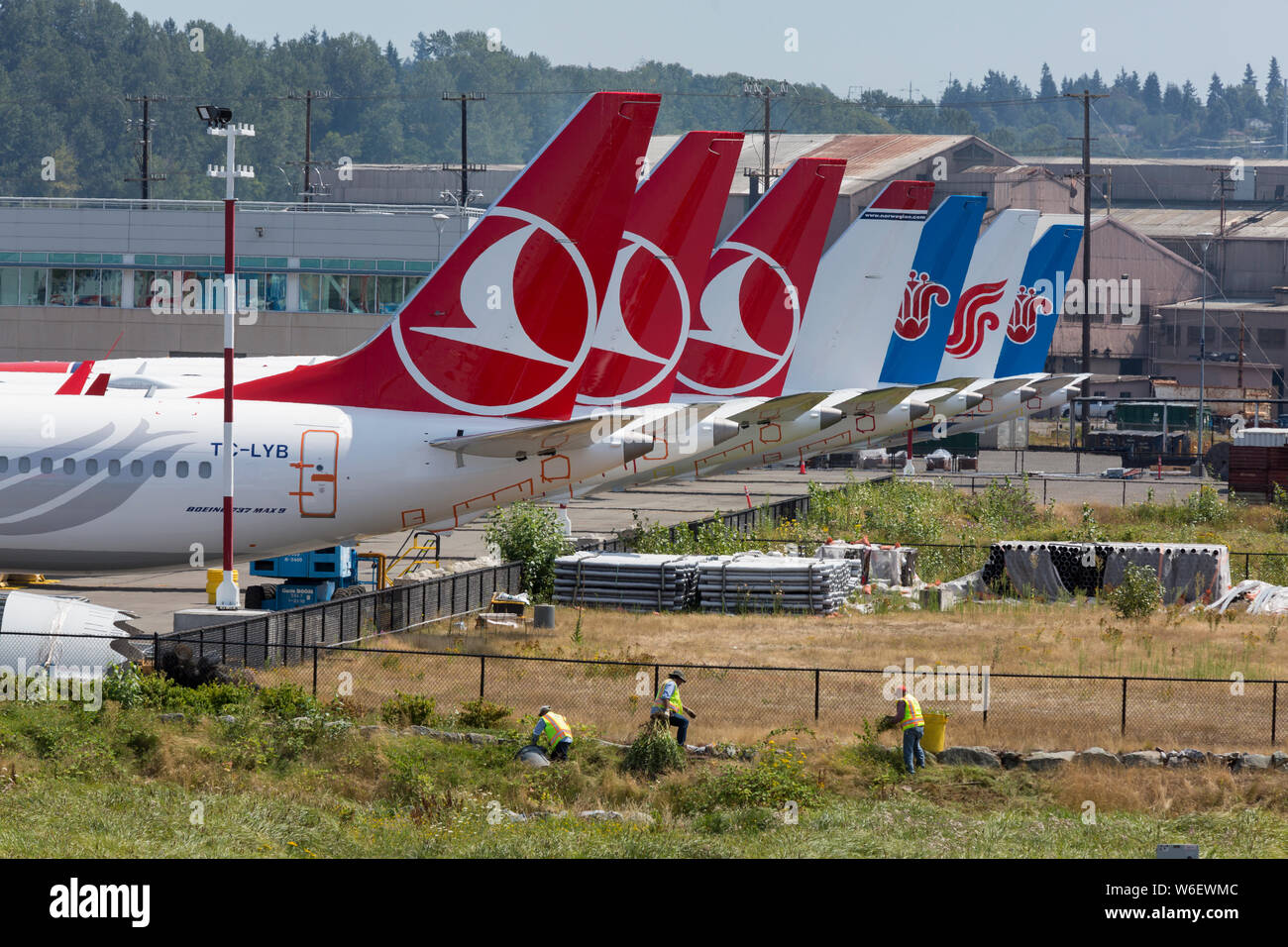Rows of undelivered 737 MAX airplanes at the Boeing Plant 2 factory on ...