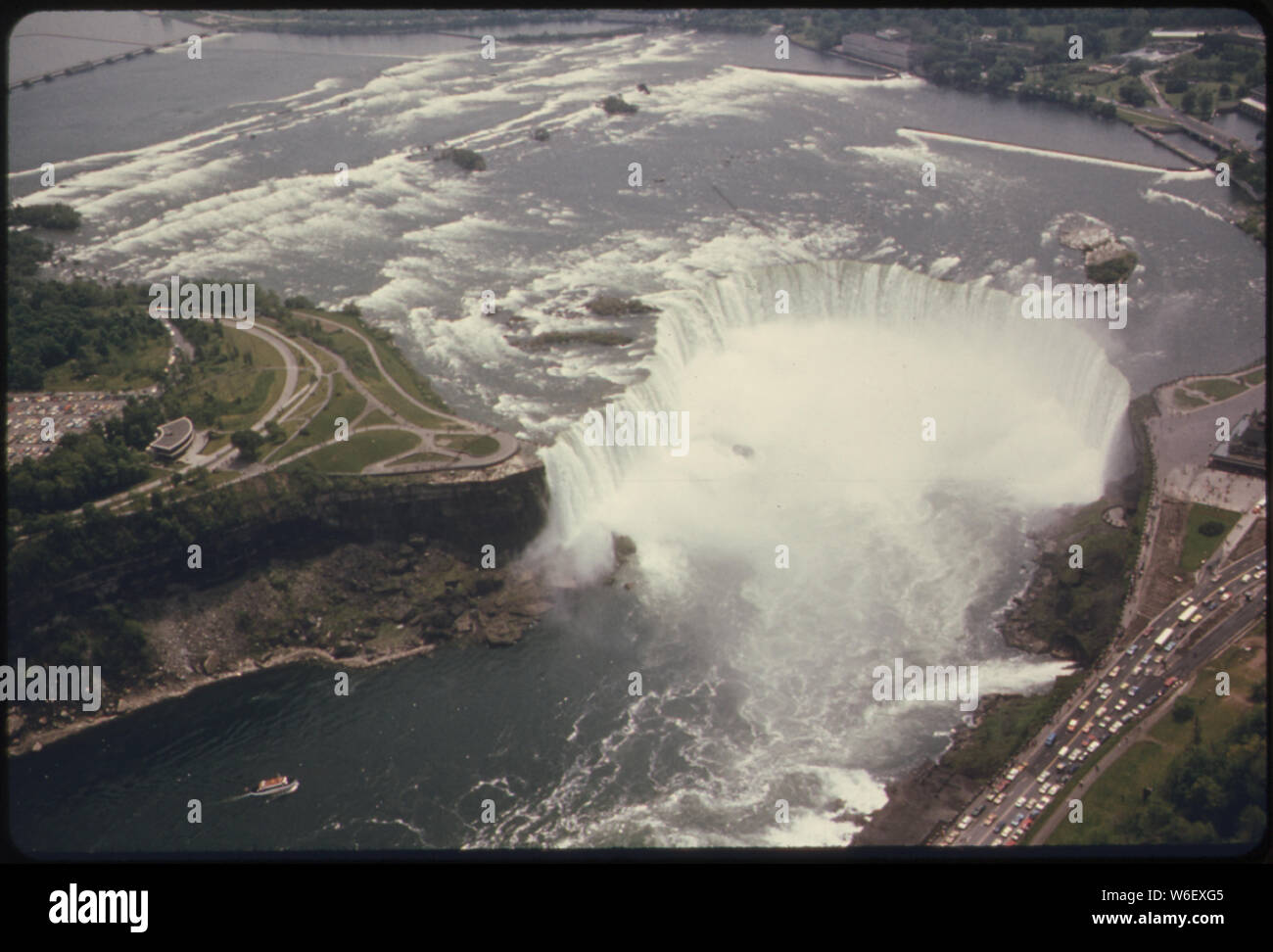 AERIAL VIEW OF HORSESHOE FALLS, THE CANADIAN HALF OF NIAGARA FALLS. TO ...