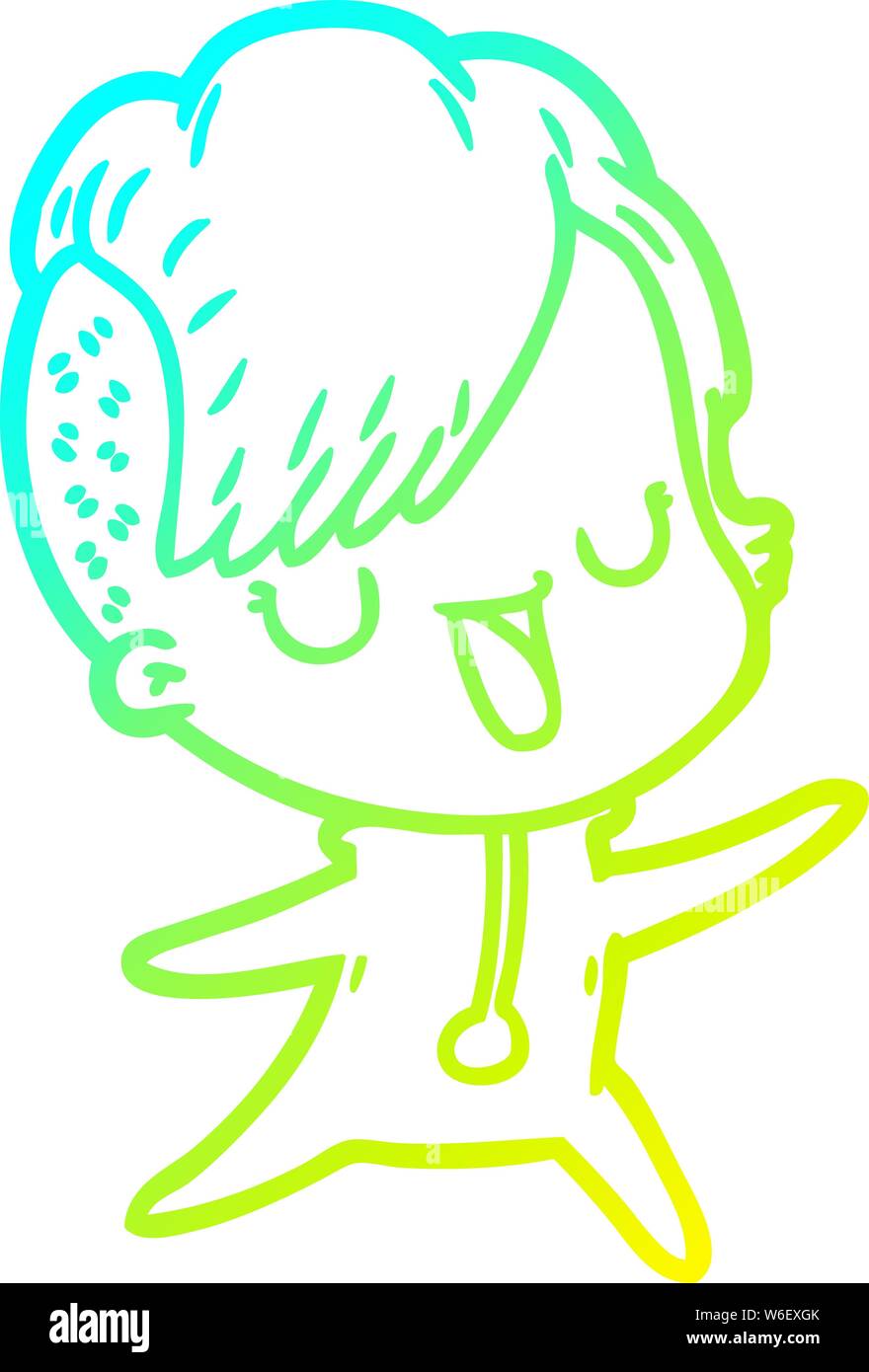 cold gradient line drawing of a cute cartoon girl with hipster haircut ...