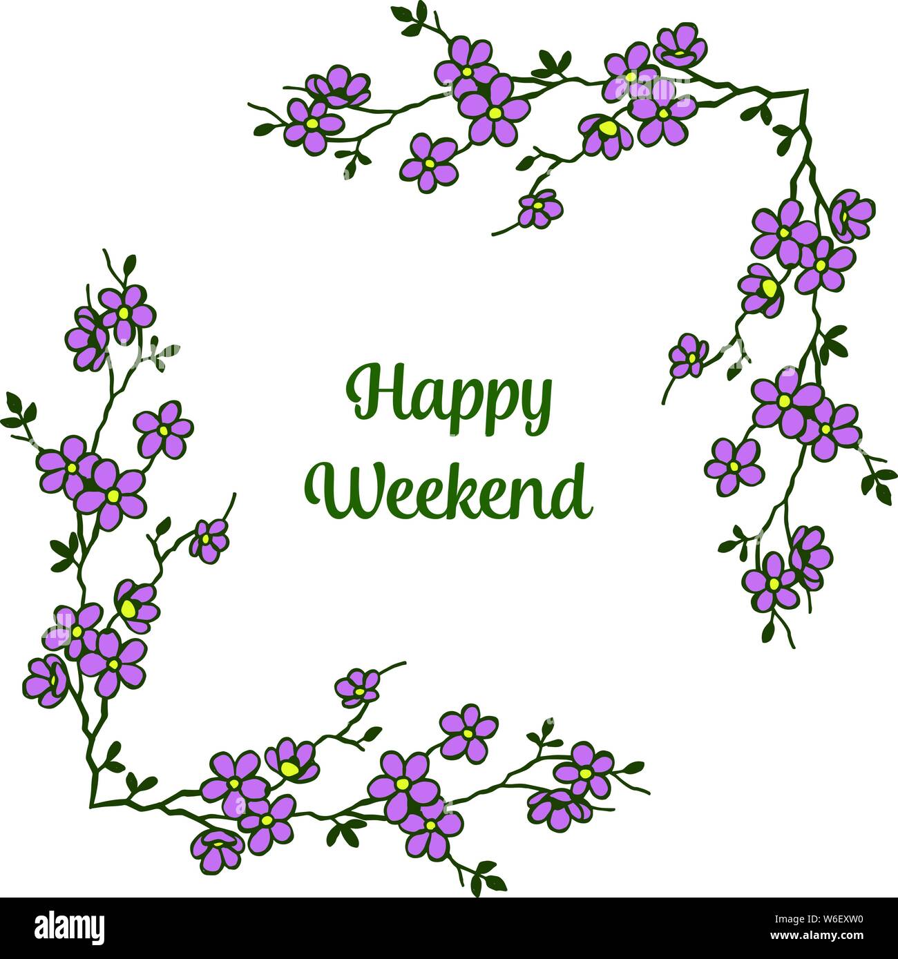 Banner happy weekend, decoration cute purple floral frame. Vector ...