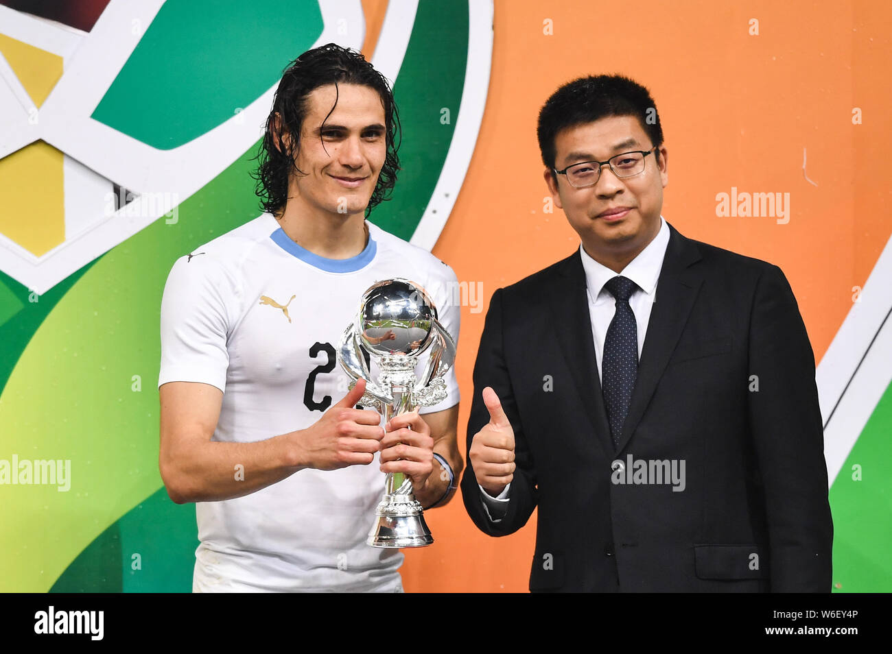 Edinson Cavani, left, of Uruguay national football team poses with his ...