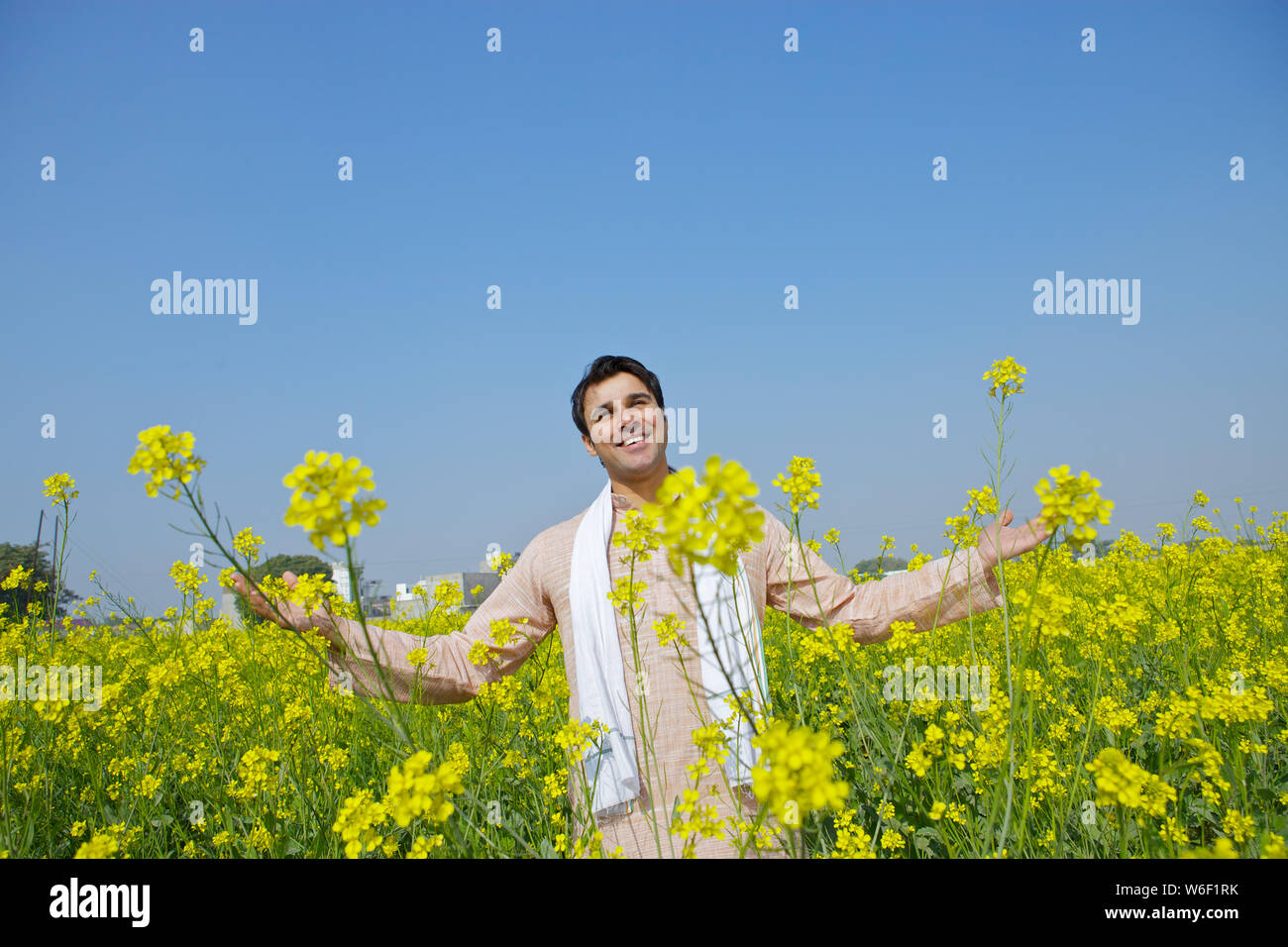 Farmer showing mustard field and smiling Stock Photo - Alamy