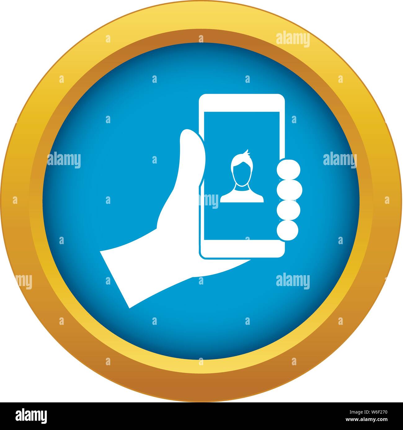 Hand holding smartphone with photo icon blue vector isolated Stock ...