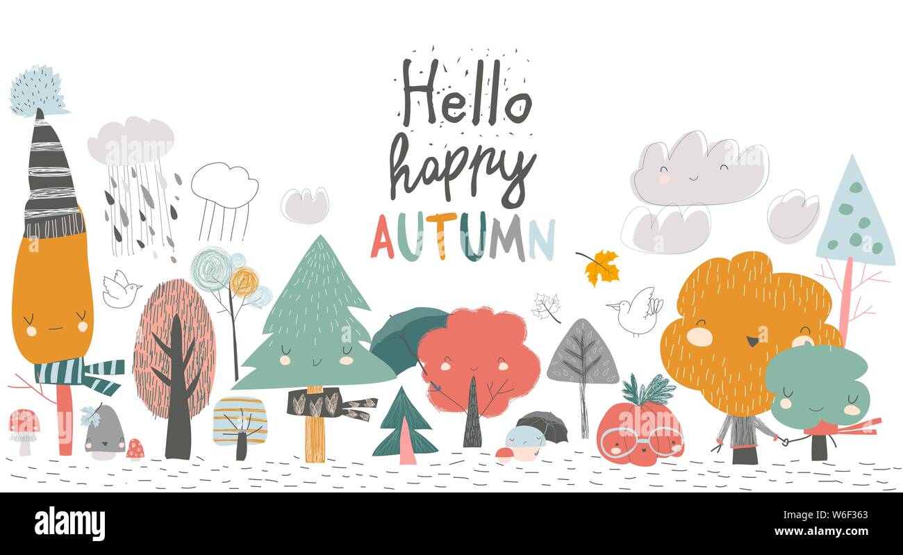 Colorful autumn trees. Cartoon yellow orange autumn tree on white ...