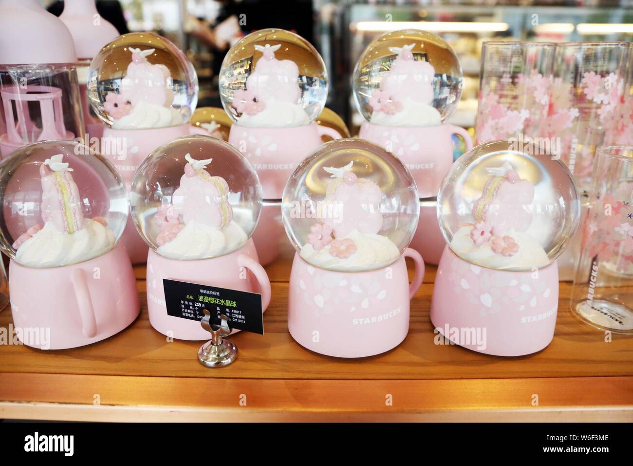 View of special sakura items on display in a sakura-themed Starbucks in ...