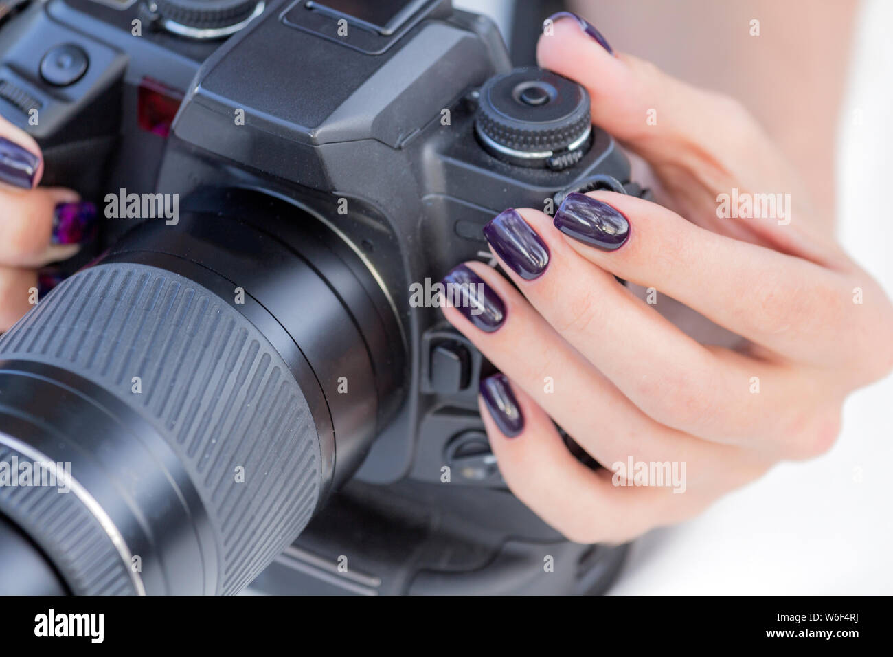 single-lens reflex camera in the hands of a girl with a beautiful ...