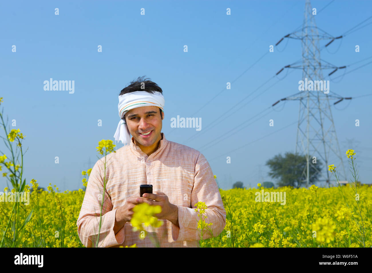 Farmer messaging on a mobile phone in a mustard crop field Stock Photo ...