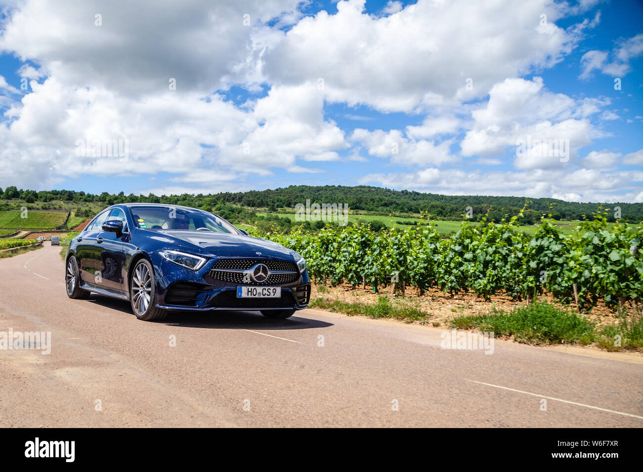 France Lyon 2019-06-20 closeup front view luxury dark blue German car ...