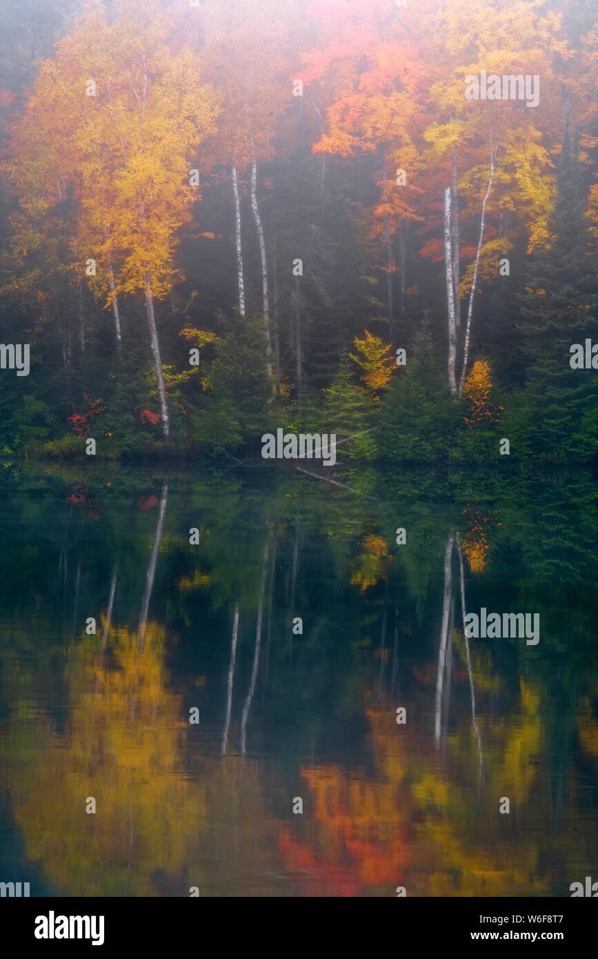 Morning fog lifts revealing the autumn reflection of the Hiawatha ...