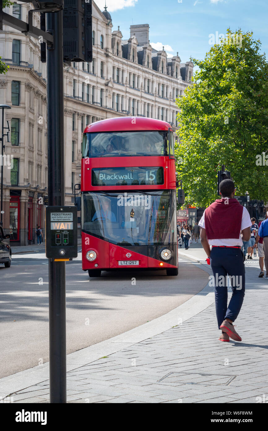London, United Kingdom – August 13, 2017: Street life with a red bus ...