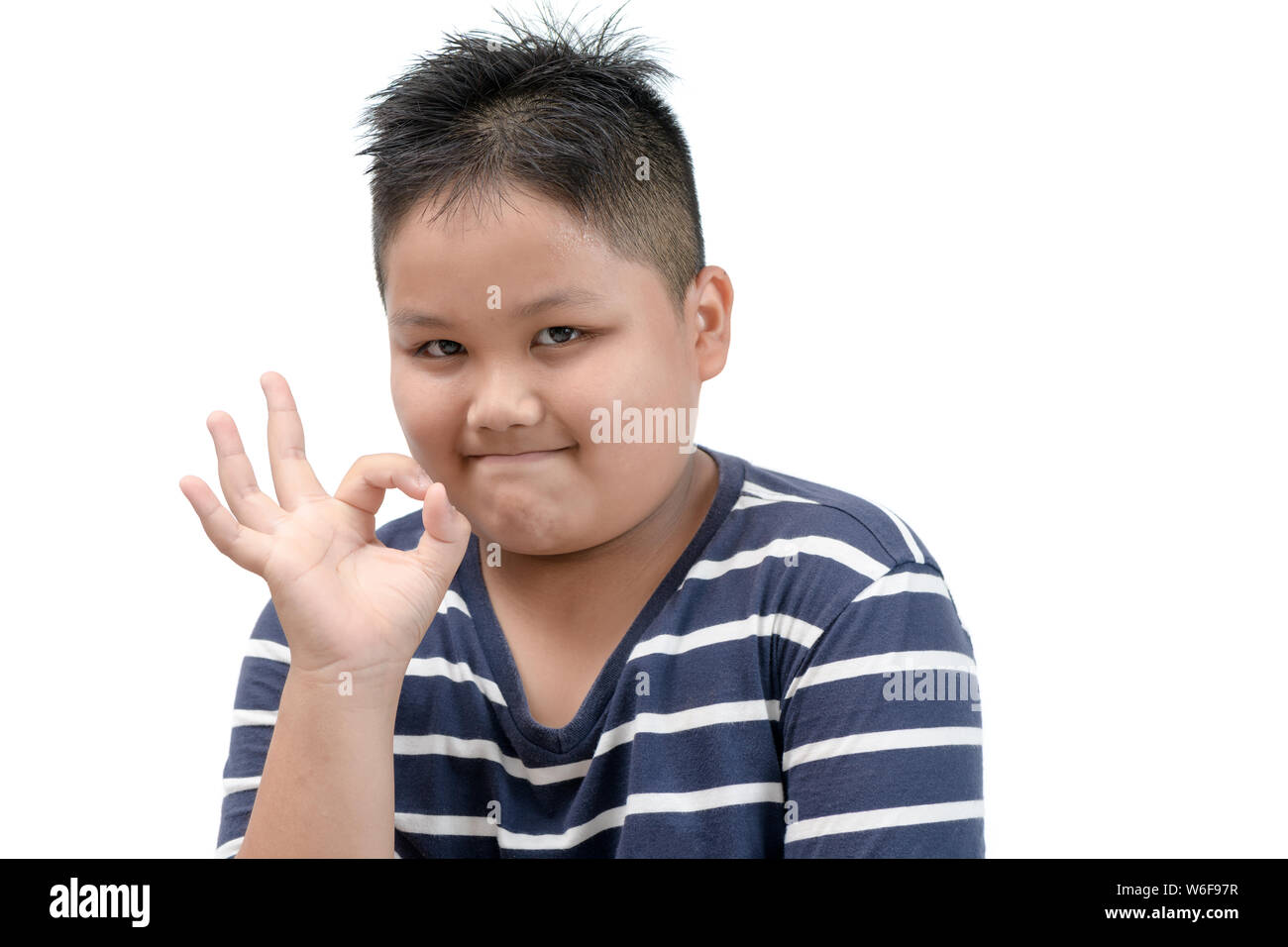 Obese fat boy showing OK sign isolated on white background Stock Photo ...