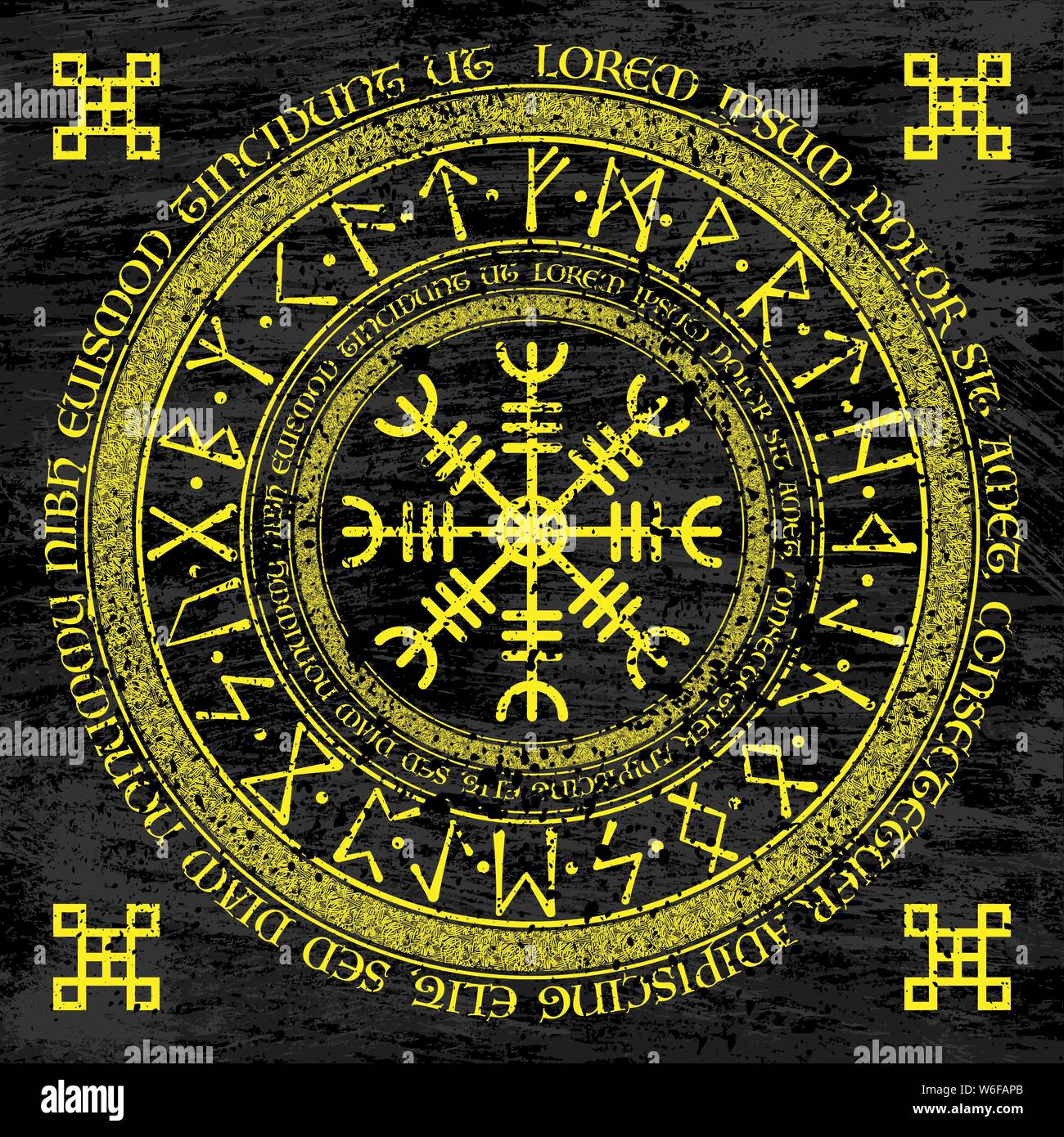 Old scandinavian runic grunge circle symbol isolated on black ...