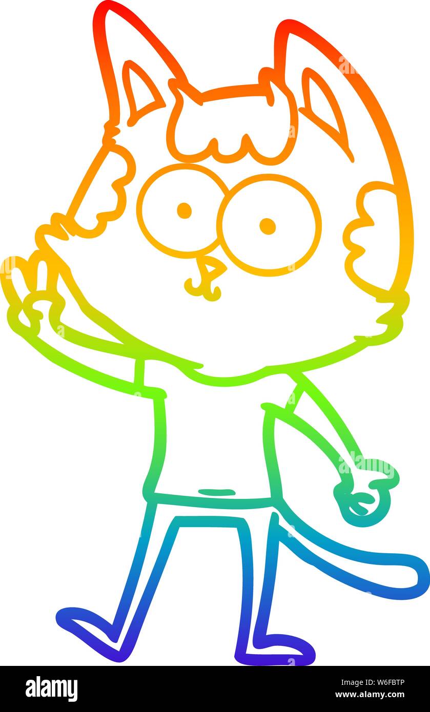 rainbow gradient line drawing of a happy cartoon cat giving peace sign ...