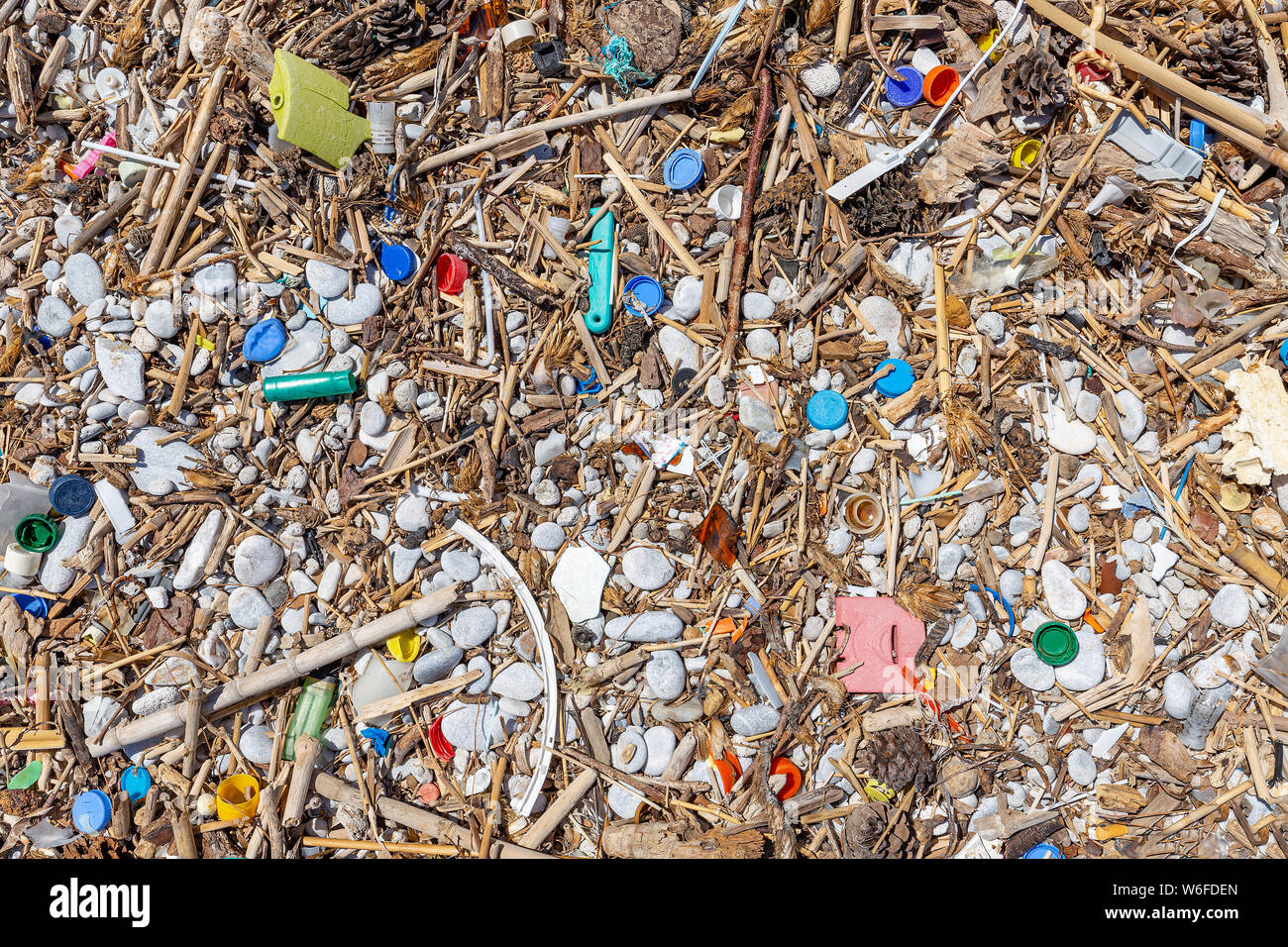 Polluted beach. Discarded plastics and wastes on a beach Stock Photo ...