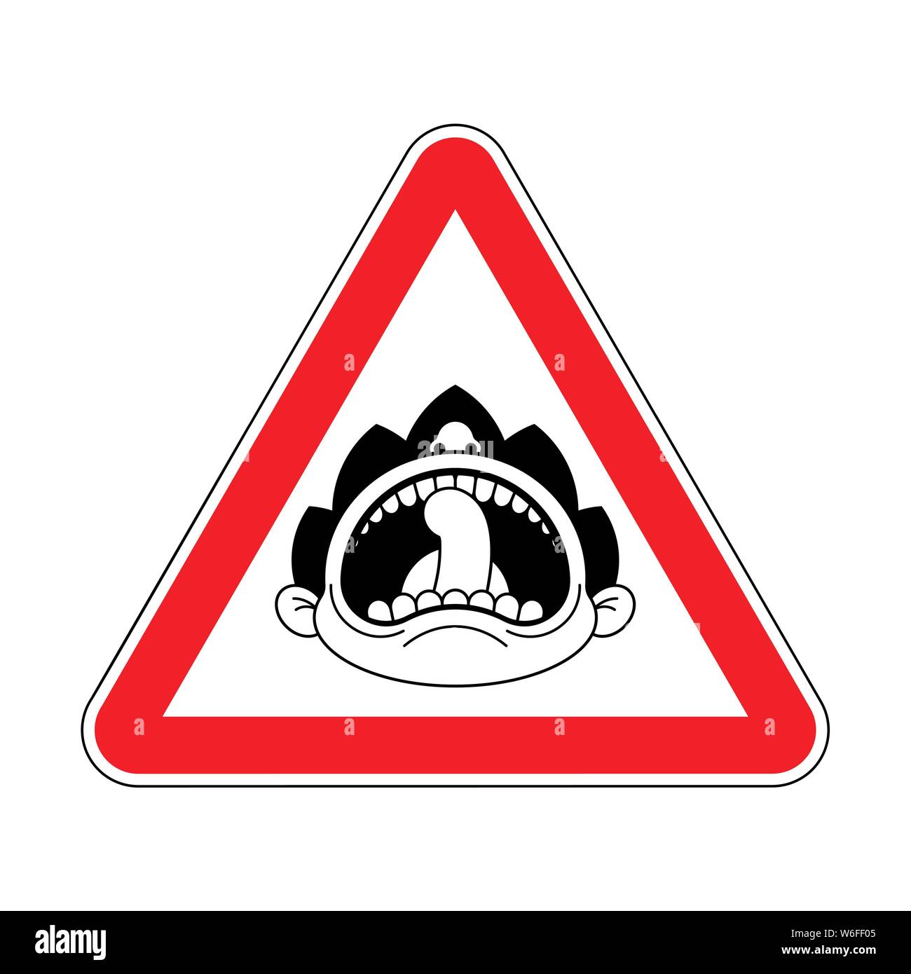 Attention Child tantrum. Caution Boy crying open mouth. Red triangle ...