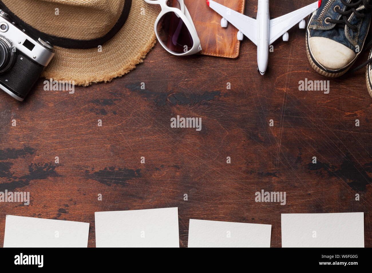 Travel vacation background concept with sunglasses, hat, camera ...