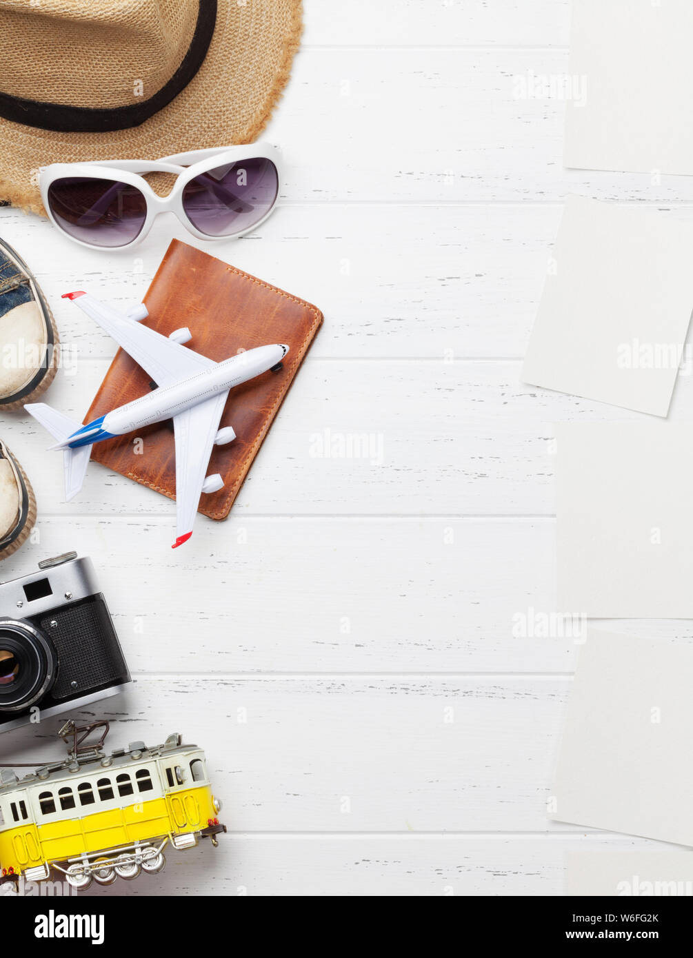 Travel vacation background concept with hat, camera, passport, car ...