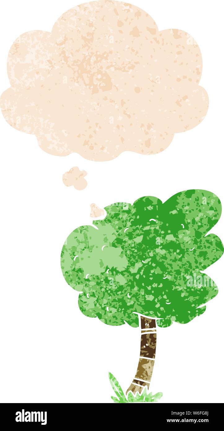 cartoon tree with thought bubble in grunge distressed retro textured ...