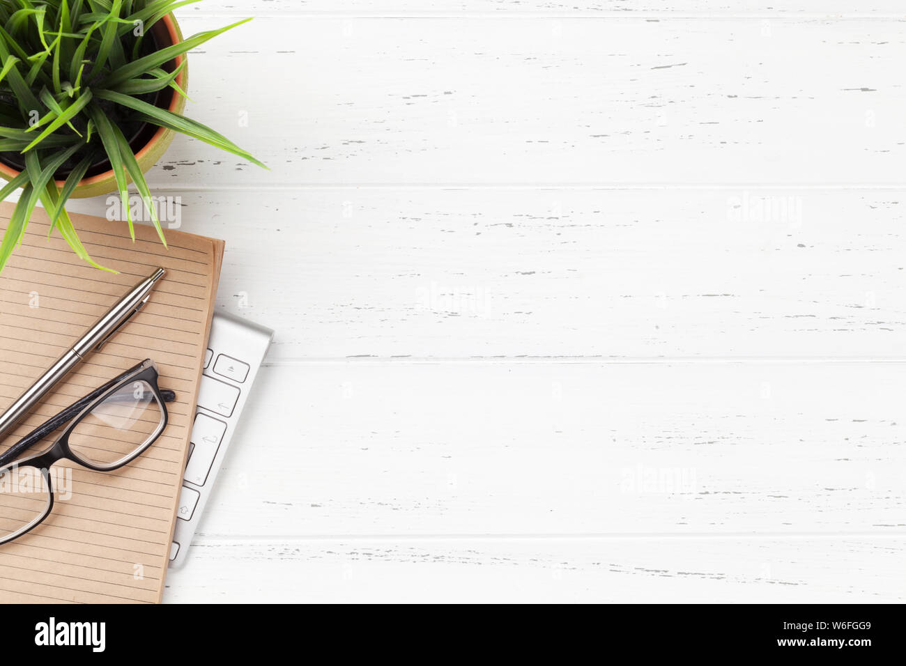 Office workplace table with supplies and computer. Flat lay. Top view ...