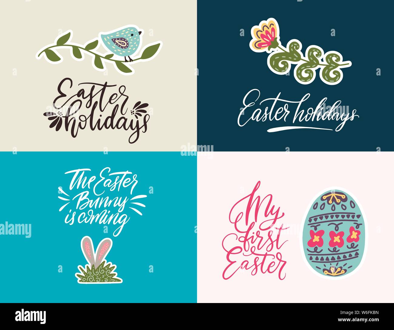 Handdrawn Easter cards with cute illustrations. Handwritten lettering ...