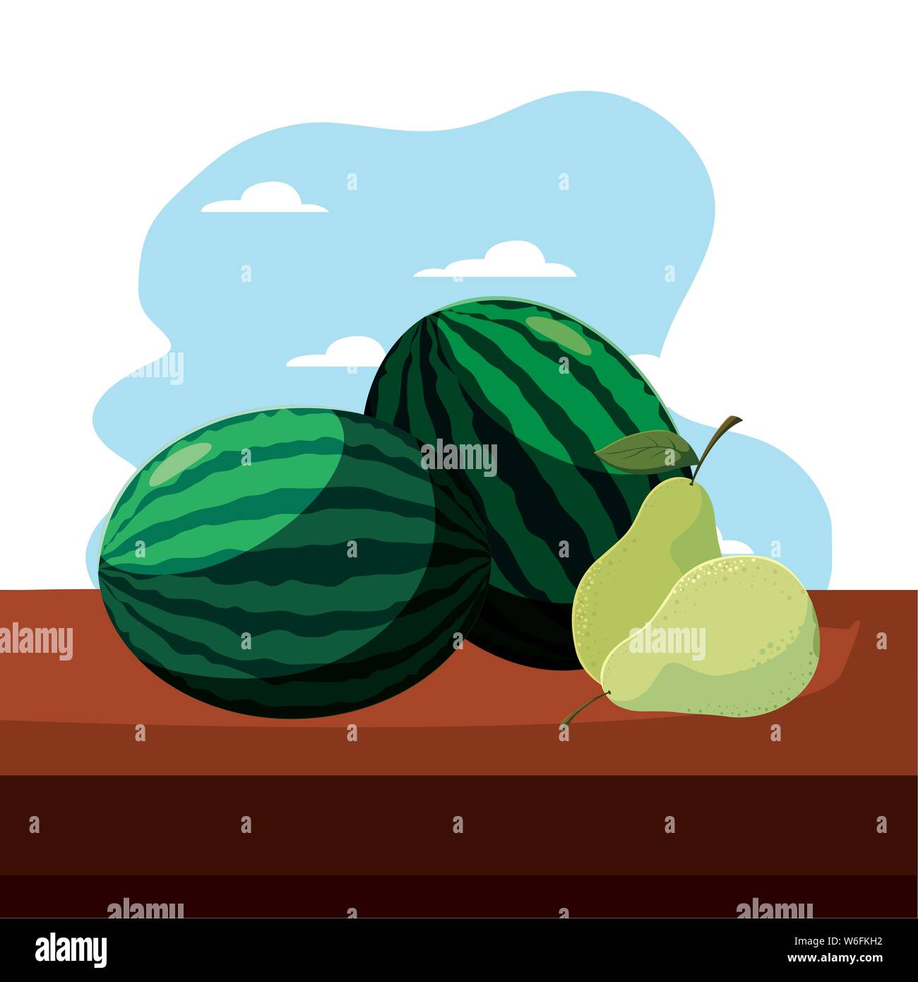 fresh fruit pears and watermelon on table outdoors vector illustration ...