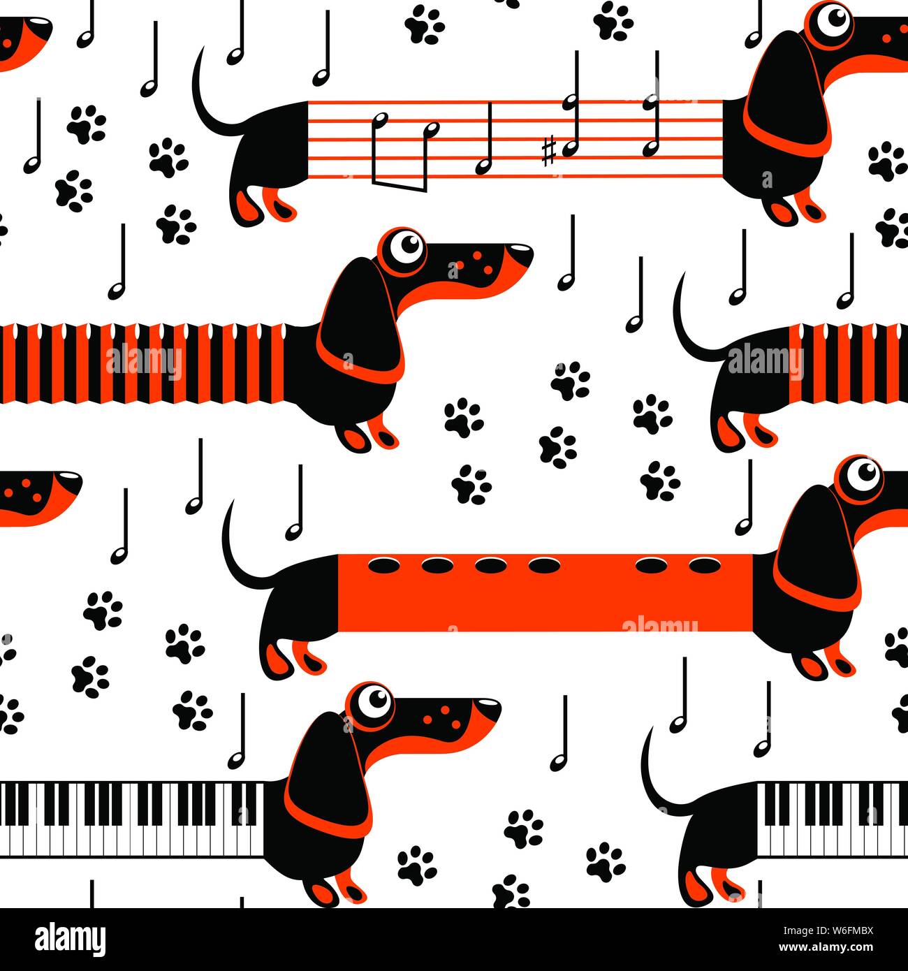 Dachshund dogs in the form of musical instruments and notes. Flute ...