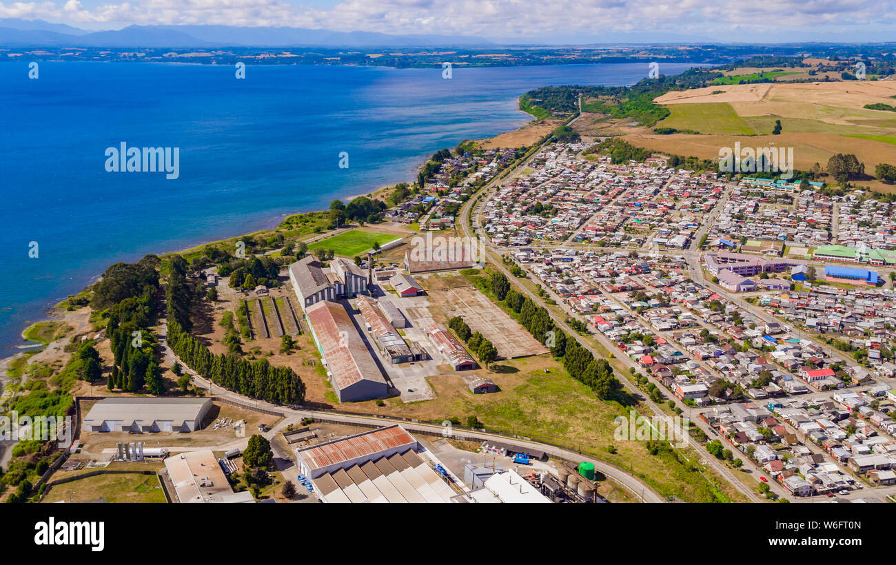 Aerial view of the town of Llanquihue on a sunny day. you can see how ...