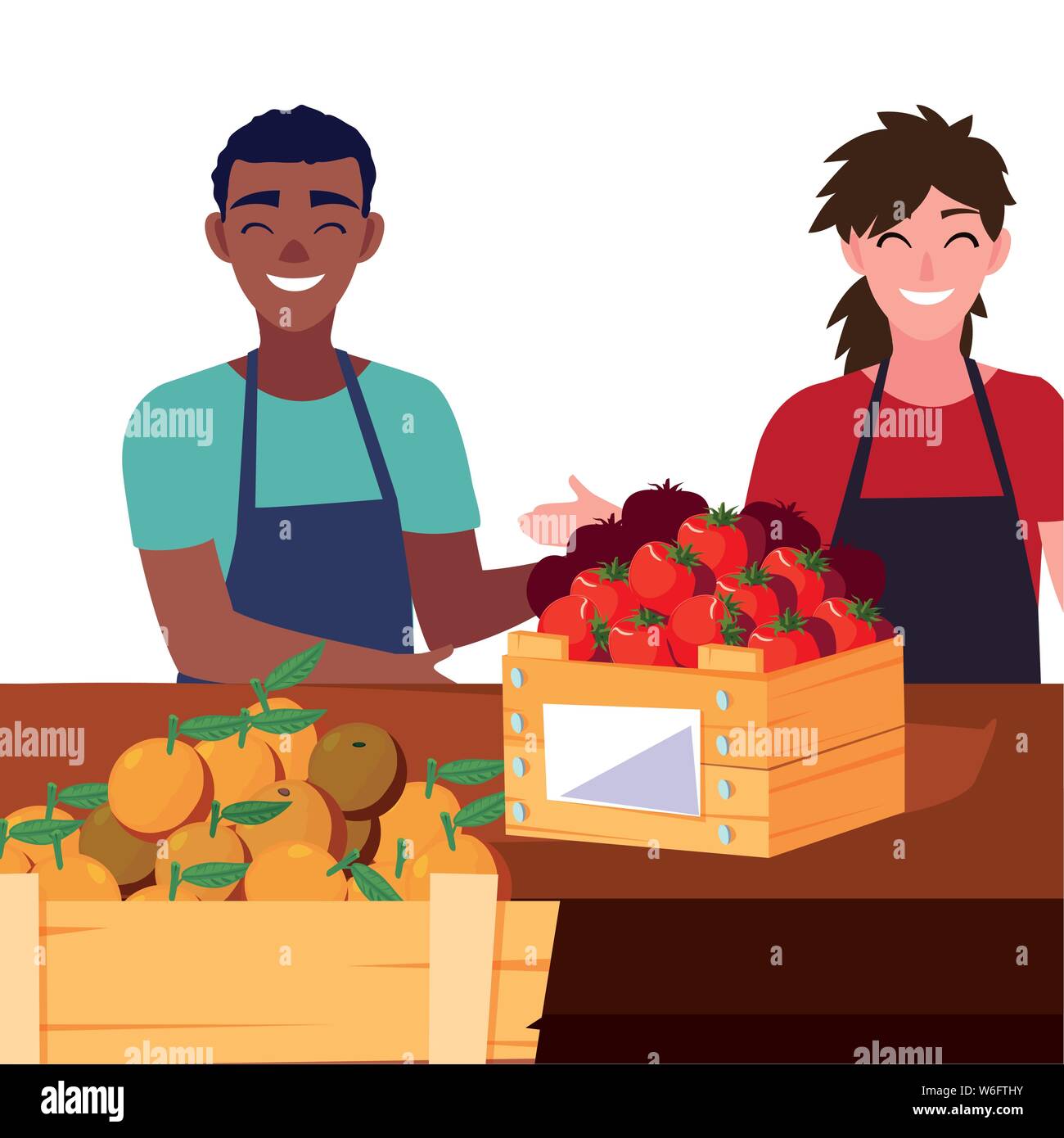 seller man and woman with orange and tomatoes vector illustration Stock ...
