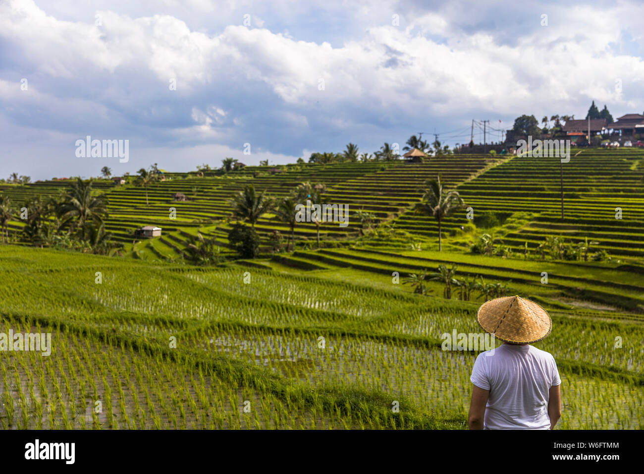 Man with traditional balinese cap at rice fields of Jatiluwih in ...