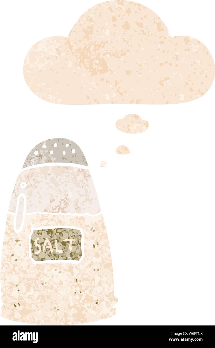 cartoon salt with thought bubble in grunge distressed retro textured ...