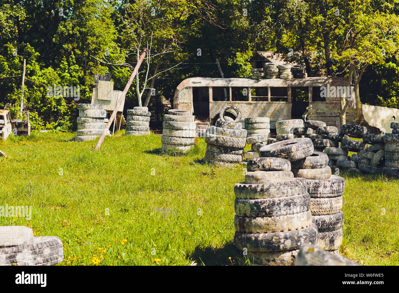 Special playground for military game with car tires and shelter Stock ...