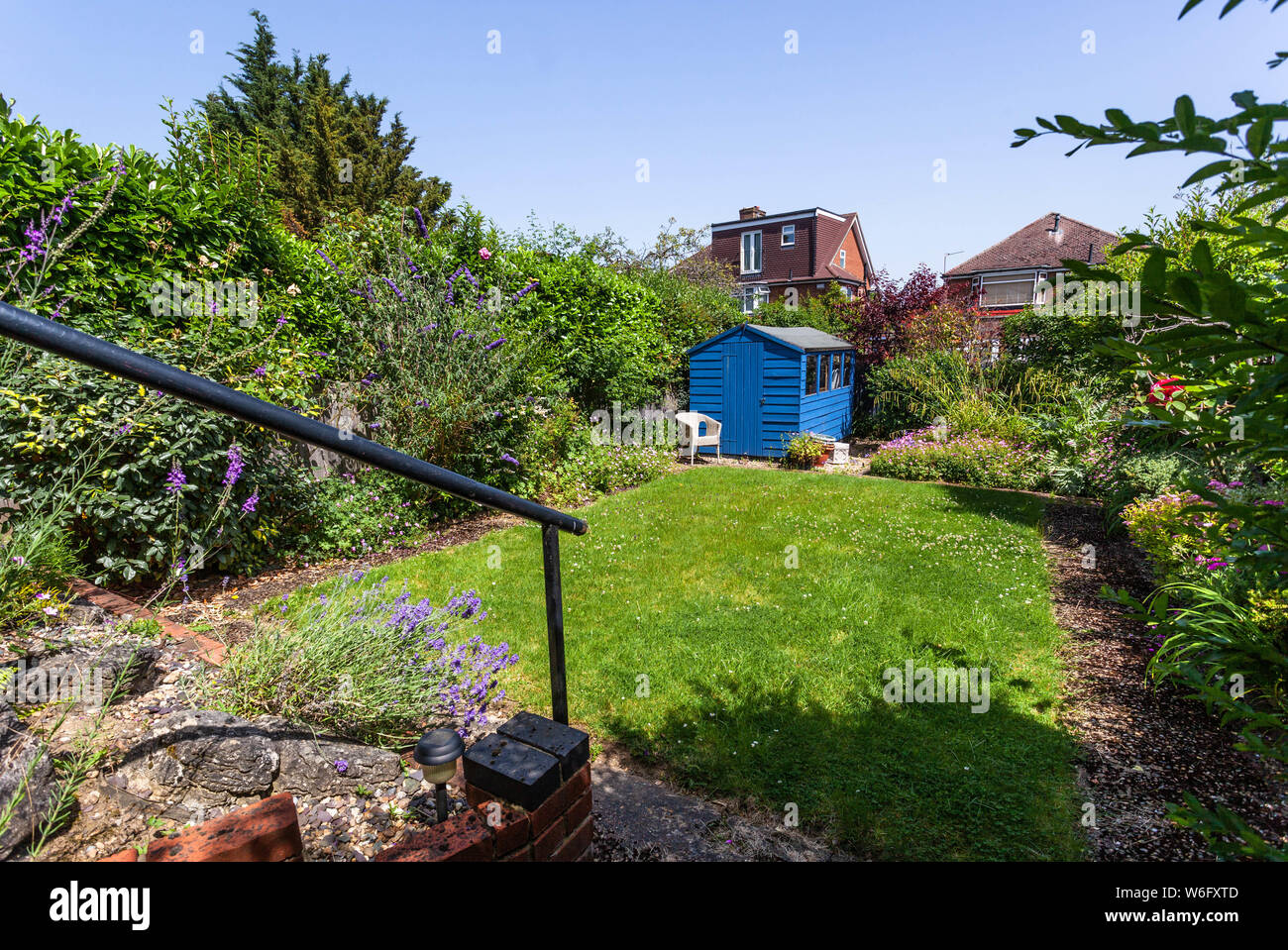 A leafy back garden with a blue shed in one corner, Edgware, Middlesex ...