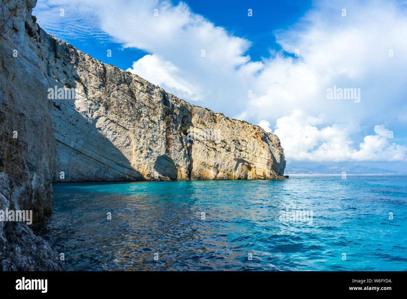 Greece, Zakynthos, Impressive cliffs at north cape skinari alongside ...