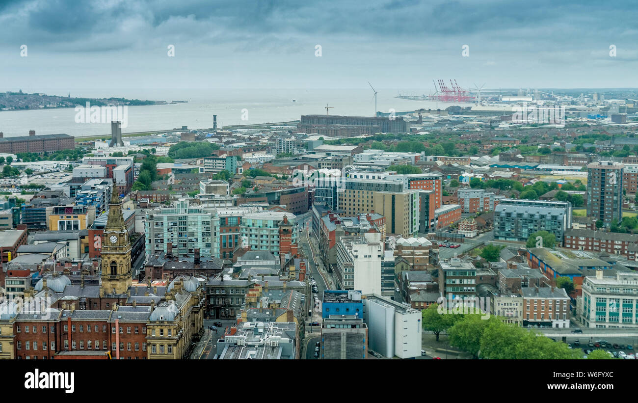 Aerial skyline view of Liverpool city centre from the Radio City Tower ...