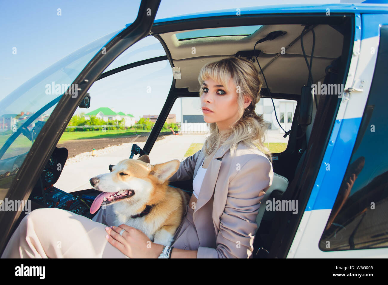 happy smiling face of pembroke whelsh corgi dog in a helicopter Stock ...