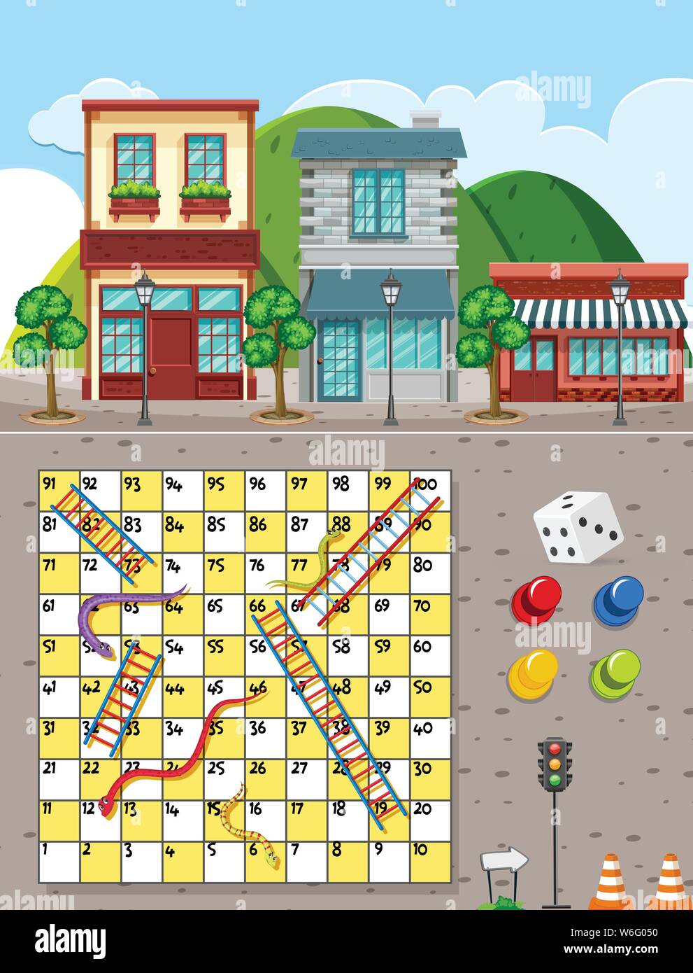 Snakes and ladders game on city background illustration Stock Vector ...
