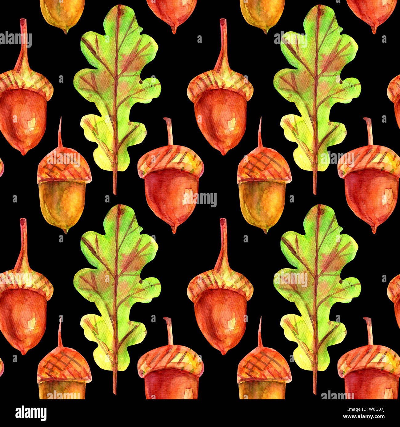 Seamless pattern with oak leaves and acorns. Watercolor autumn green ...