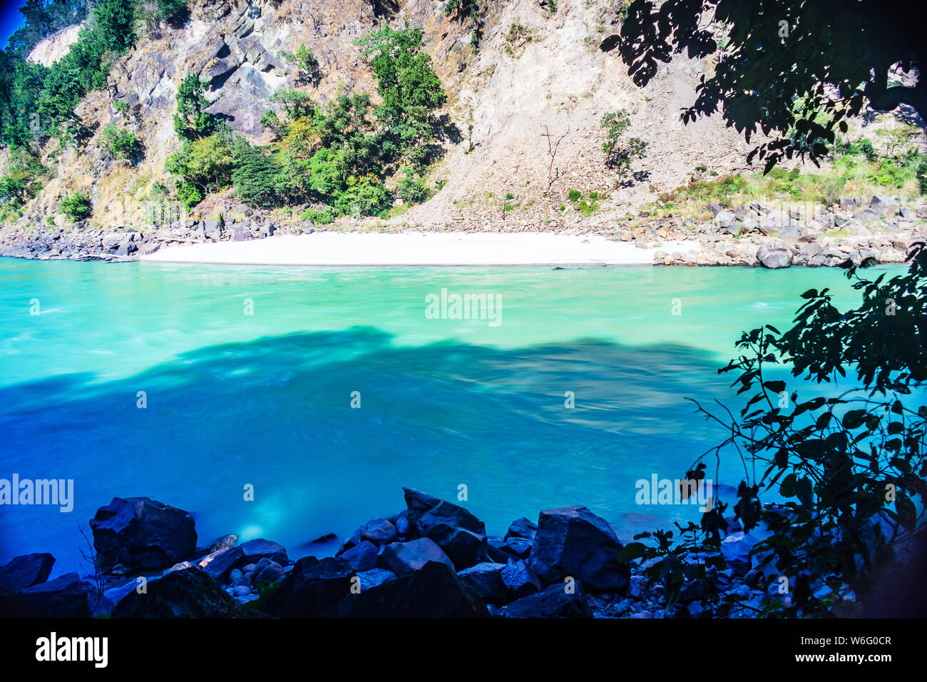Beautiful View of calm river Ganges and beach in Rishikesh India Stock ...