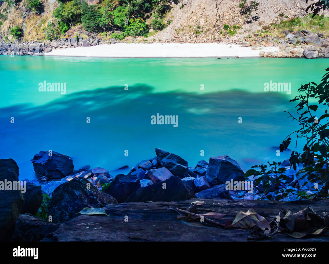 Beautiful View of calm river Ganges and beach in Rishikesh India Stock ...