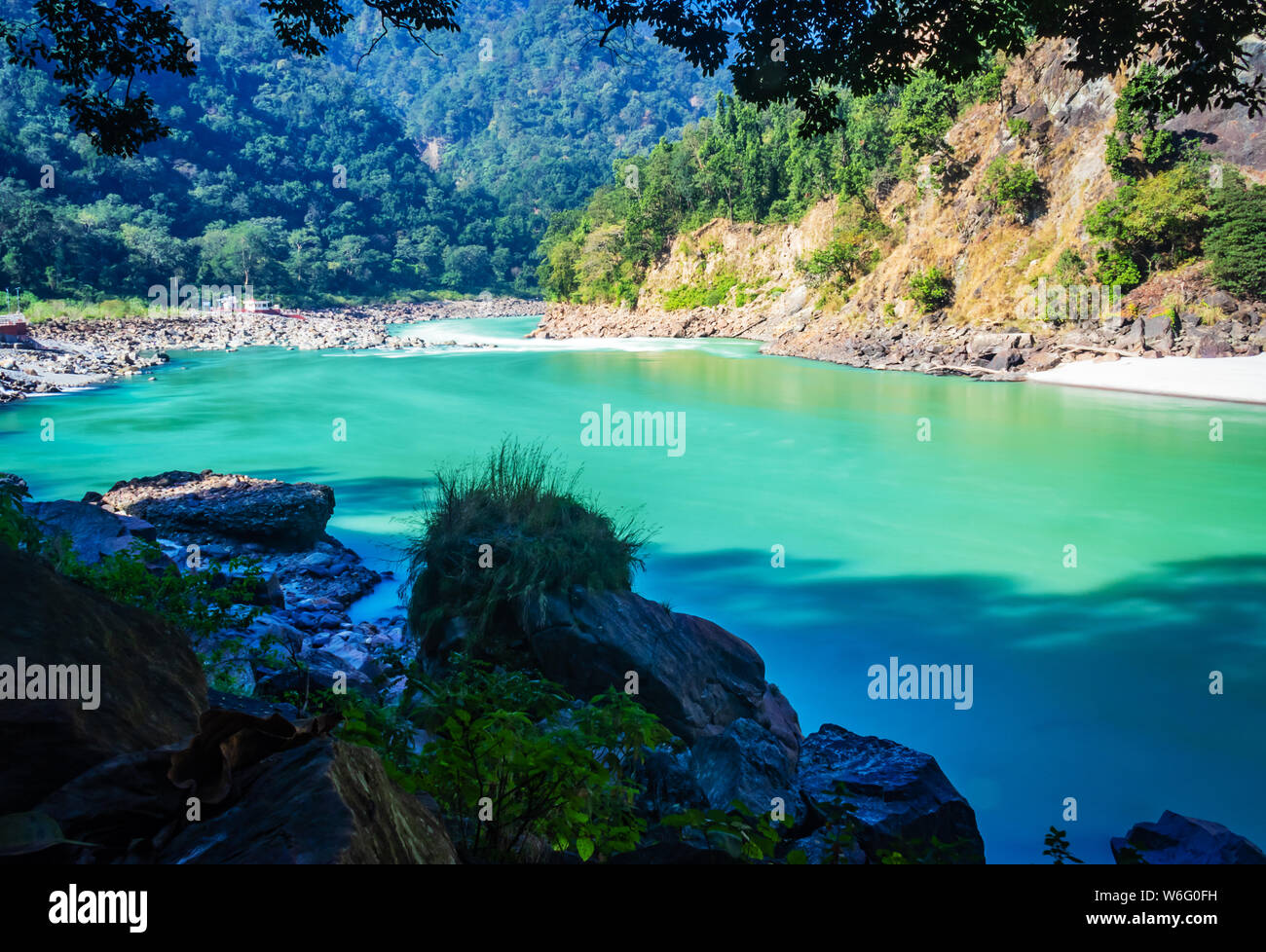 Beautiful View of calm river Ganges and beach in Rishikesh India Stock ...