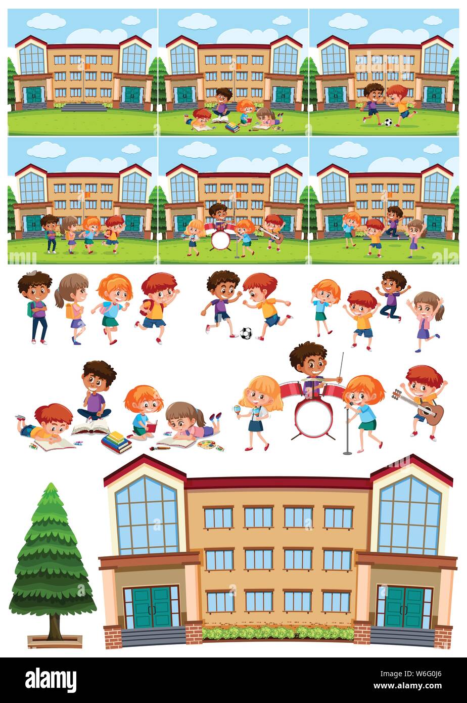 Many children learning and playing at school illustration Stock Vector ...