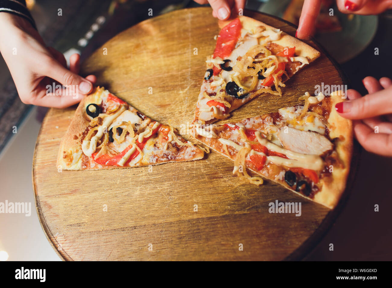 People Hands Taking Slices Of Italian Pizza. Italian Pizza and Hands ...