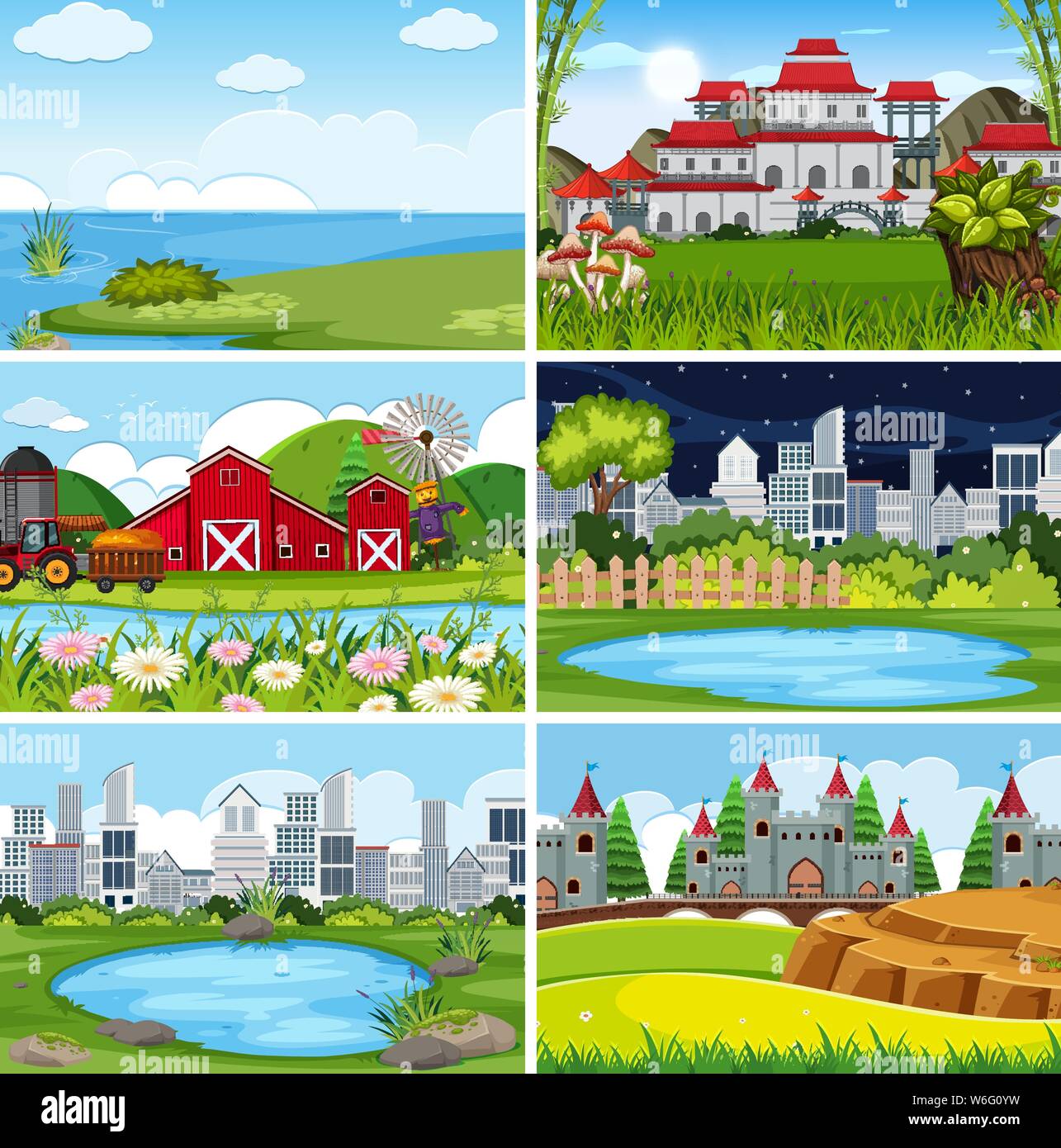 A set of outdoor scene including building illustration Stock Vector ...