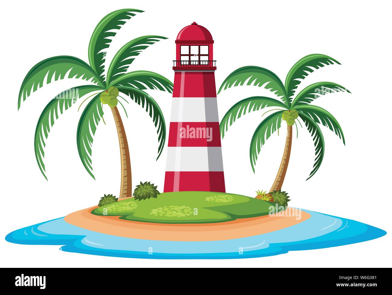 Nature landscape of island with lighthouse and trees illustration Stock ...