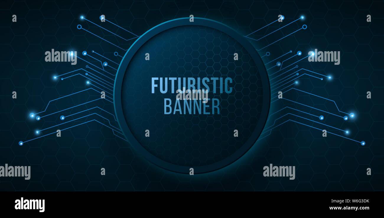 Futuristic cyber banner with computer circuit. Glowing neon honeycombs ...