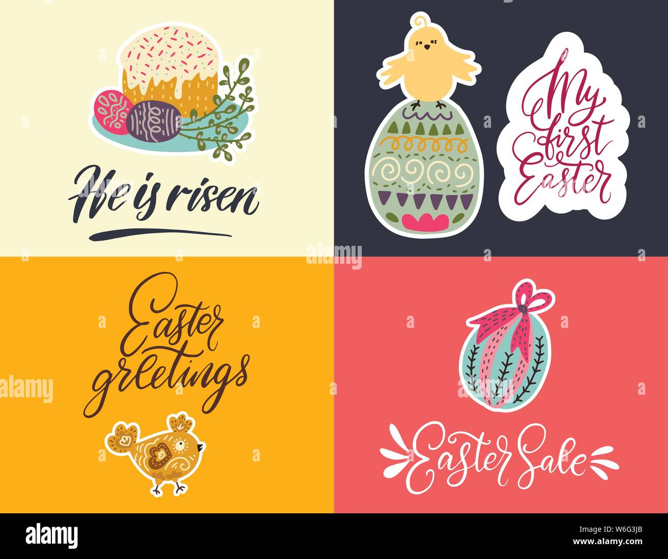 Handdrawn Easter cards with cute illustrations. Handwritten lettering ...