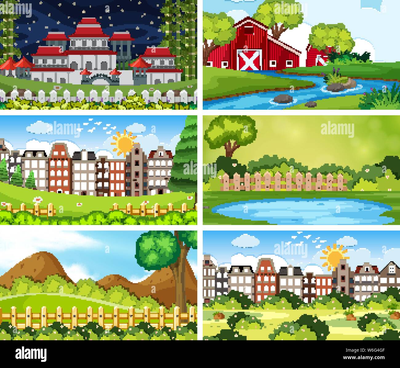 A set of outdoor scene including building illustration Stock Vector ...