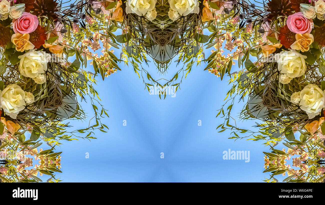 Panorama Circular and angular floral design with colorful flowers from ...