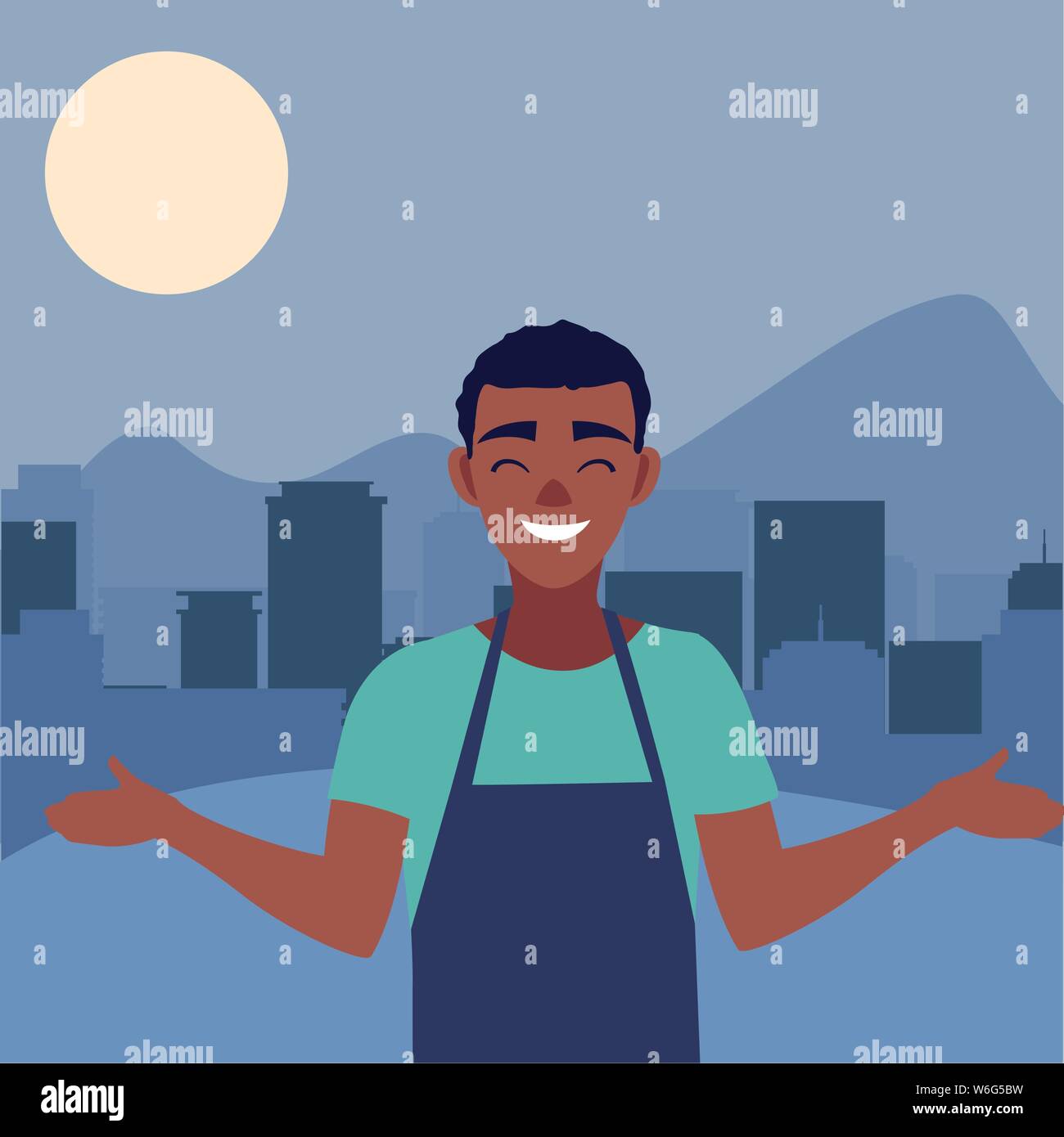 young seller man character with apron outdoors vector illustration ...